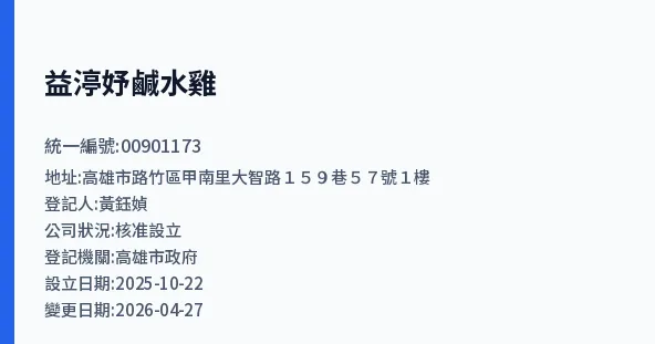 益渟妤鹹水雞的照片-統編 00901173(高雄市) 公司登記資料與營業項目詳細圖表