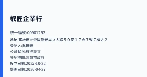 叡匠企業行的照片-統編 00901292(高雄市) 公司登記資料與營業項目詳細圖表