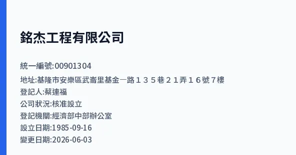 銘杰工程有限公司的照片-統編 00901304(基隆市) 公司登記資料與營業項目詳細圖表
