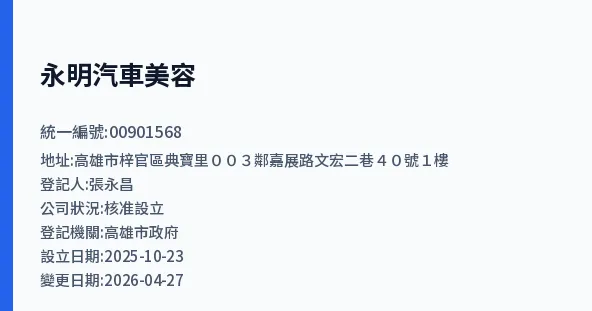 永明汽車美容的照片-統編 00901568(高雄市) 公司登記資料與營業項目詳細圖表