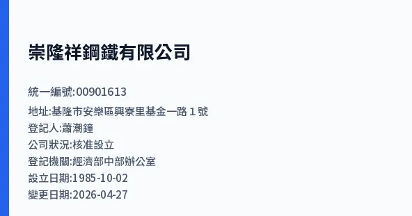 崇隆祥鋼鐵有限公司的照片-統編 00901613(基隆市) 公司登記資料與營業項目詳細圖表