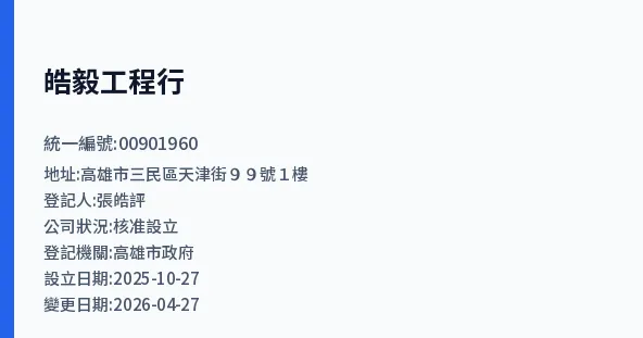 皓毅工程行的照片-統編 00901960(高雄市) 公司登記資料與營業項目詳細圖表