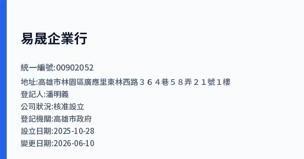 易晟企業行的照片-統編 00902052(高雄市) 公司登記資料與營業項目詳細圖表
