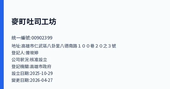 麥町吐司工坊的照片-統編 00902399(高雄市) 公司登記資料與營業項目詳細圖表