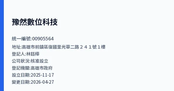 豫然數位科技的照片-統編 00905564(高雄市) 公司登記資料與營業項目詳細圖表