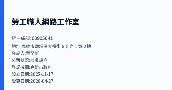 勞工職人網路工作室的照片-統編 00905641(高雄市) 公司登記資料與營業項目詳細圖表
