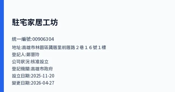 駐宅家居工坊的照片-統編 00906304(高雄市) 公司登記資料與營業項目詳細圖表