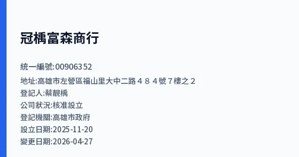 冠楀富森商行的照片-統編 00906352(高雄市) 公司登記資料與營業項目詳細圖表