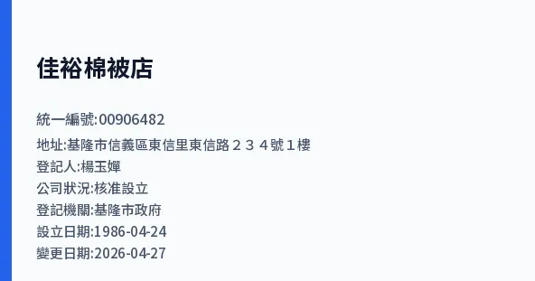 佳裕棉被店的照片-統編 00906482(基隆市) 公司登記資料與營業項目詳細圖表