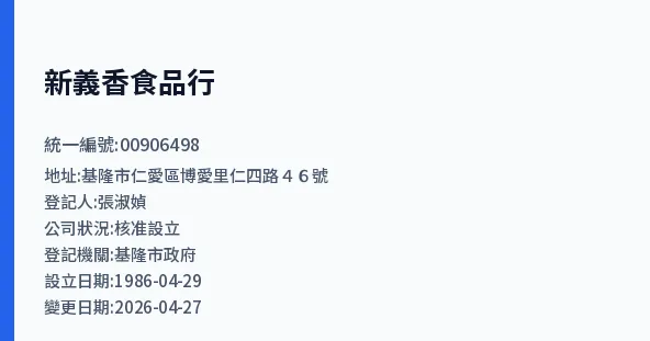 新義香食品行的照片-統編 00906498(基隆市) 公司登記資料與營業項目詳細圖表
