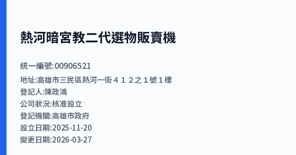 熱河暗宮教二代選物販賣機的照片-統編 00906521(高雄市) 公司登記資料與營業項目詳細圖表