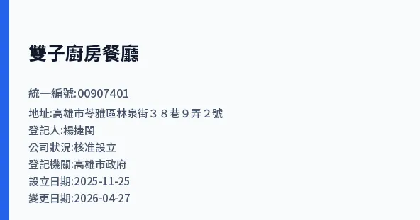 雙子廚房餐廳的照片-統編 00907401(高雄市) 公司登記資料與營業項目詳細圖表