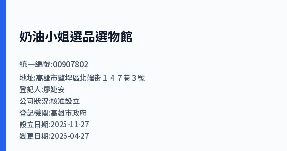 奶油小姐選品選物館的照片-統編 00907802(高雄市) 公司登記資料與營業項目詳細圖表