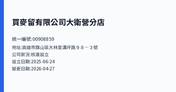 買麥留有限公司大衛營分店的照片-統編 00908859(高雄市) 公司登記資料與營業項目詳細圖表