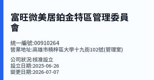 富旺微美居鉑金特區管理委員會的照片-統編 00910264 公司登記資料與營業項目詳細圖表