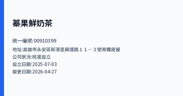 蓁果鮮奶茶的照片-統編 00910399(高雄市) 公司登記資料與營業項目詳細圖表