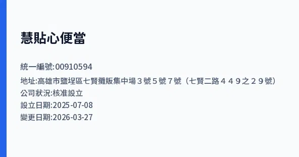 慧貼心便當的照片-統編 00910594(高雄市) 公司登記資料與營業項目詳細圖表