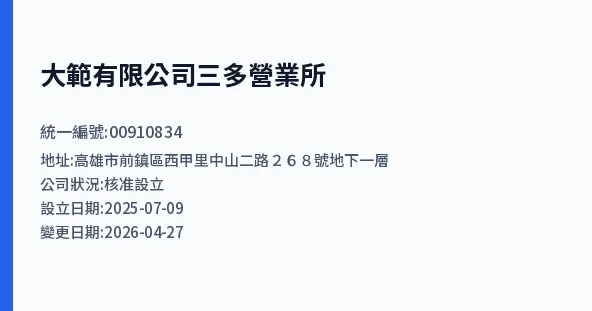 大範有限公司三多營業所的照片-統編 00910834(高雄市) 公司登記資料與營業項目詳細圖表