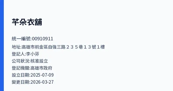 芊朵衣舖的照片-統編 00910911(高雄市) 公司登記資料與營業項目詳細圖表
