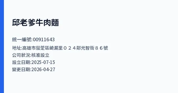 邱老爹牛肉麵的照片-統編 00911643(高雄市) 公司登記資料與營業項目詳細圖表