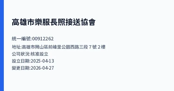 高雄市樂服長照接送協會的照片-統編 00912262(高雄市) 公司登記資料與營業項目詳細圖表