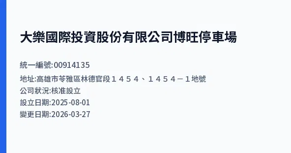大樂國際投資股份有限公司博旺停車場的照片-統編 00914135(高雄市) 公司登記資料與營業項目詳細圖表
