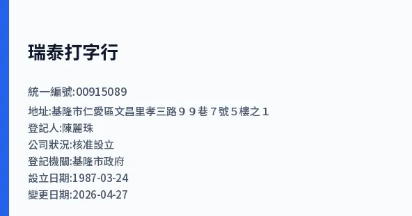 瑞泰打字行的照片-統編 00915089(基隆市) 公司登記資料與營業項目詳細圖表
