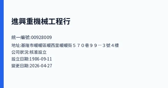 進興重機械工程行的照片-統編 00928009(基隆市) 公司登記資料與營業項目詳細圖表