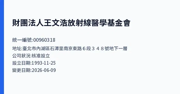 財團法人王文浩放射線醫學基金會的照片-統編 00960318(臺北市) 公司登記資料與營業項目詳細圖表