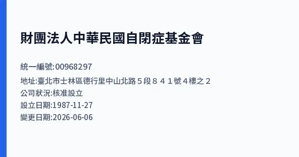 財團法人中華民國自閉症基金會的照片-統編 00968297(臺北市) 公司登記資料與營業項目詳細圖表