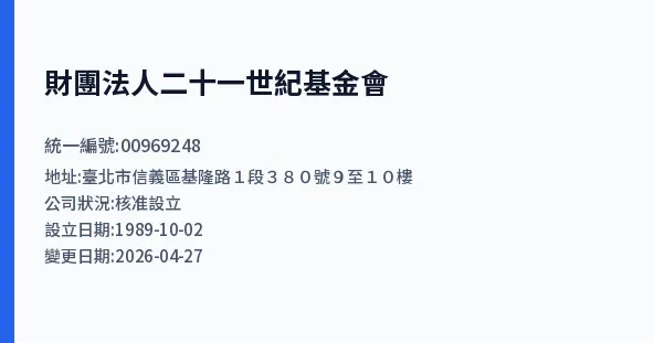 財團法人二十一世紀基金會的照片-統編 00969248(臺北市) 公司登記資料與營業項目詳細圖表