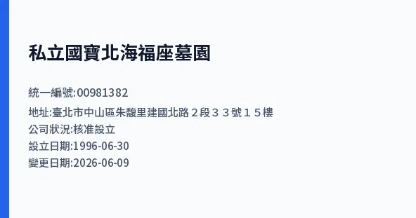 私立國寶北海福座墓園的照片-統編 00981382(臺北市) 公司登記資料與營業項目詳細圖表