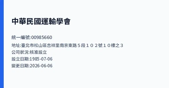 中華民國運輸學會的照片-統編 00985660(臺北市) 公司登記資料與營業項目詳細圖表