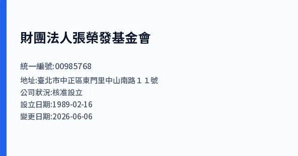 財團法人張榮發基金會的照片-統編 00985768(臺北市) 公司登記資料與營業項目詳細圖表