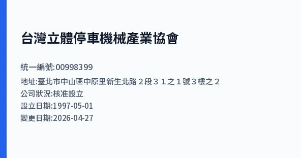 台灣立體停車機械產業協會的照片-統編 00998399(臺北市) 公司登記資料與營業項目詳細圖表