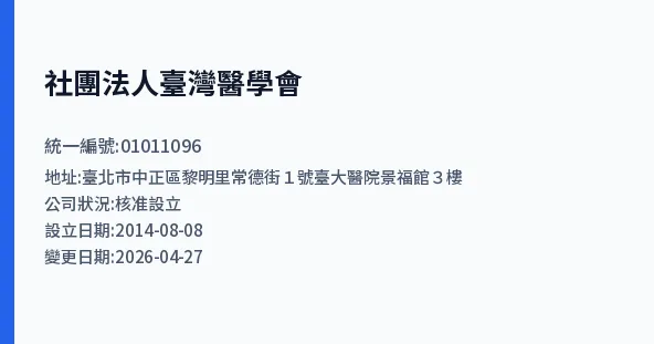 社團法人臺灣醫學會的照片-統編 01011096(臺北市) 公司登記資料與營業項目詳細圖表