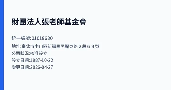 財團法人張老師基金會的照片-統編 01018680(臺北市) 公司登記資料與營業項目詳細圖表
