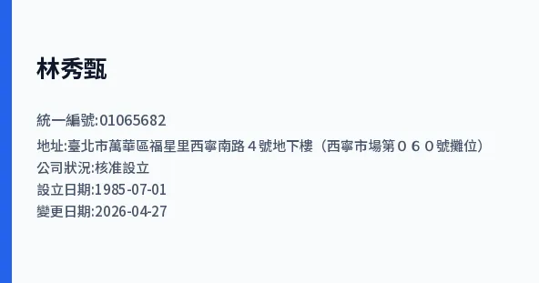林秀甄的照片-統編 01065682(臺北市) 公司登記資料與營業項目詳細圖表