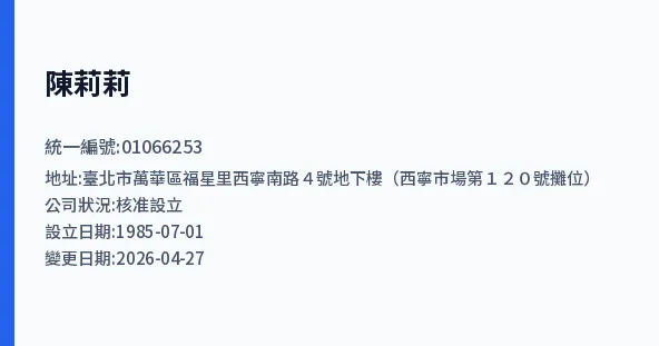 陳莉莉的照片-統編 01066253(臺北市) 公司登記資料與營業項目詳細圖表