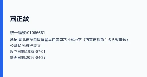 蕭正紋的照片-統編 01066681(臺北市) 公司登記資料與營業項目詳細圖表