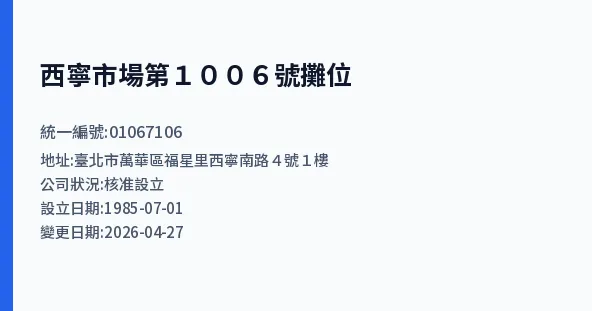 西寧市場第1006號攤位的照片-統編 01067106(臺北市) 公司登記資料與營業項目詳細圖表