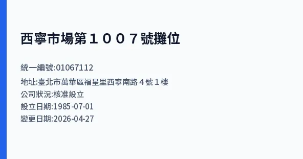 西寧市場第1007號攤位的照片-統編 01067112(臺北市) 公司登記資料與營業項目詳細圖表