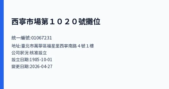 西寧市場第1020號攤位的照片-統編 01067231(臺北市) 公司登記資料與營業項目詳細圖表