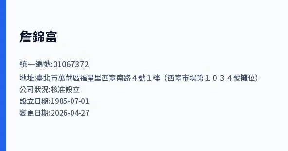 詹錦富的照片-統編 01067372(臺北市) 公司登記資料與營業項目詳細圖表