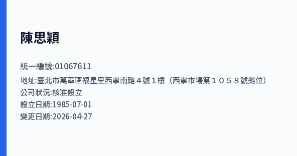 陳思穎的照片-統編 01067611(臺北市) 公司登記資料與營業項目詳細圖表