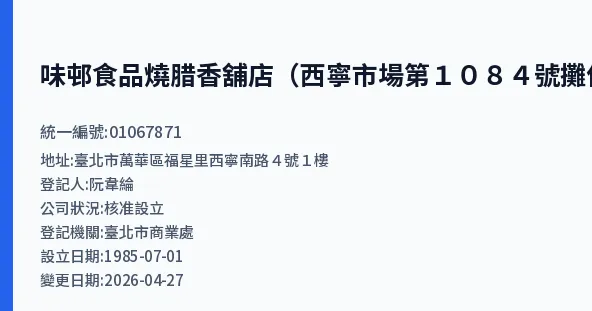 味邨食品燒腊香舖店(西寧市場第1084號攤位)的照片-統編 01067871(臺北市) 公司登記資料與營業項目詳細圖表