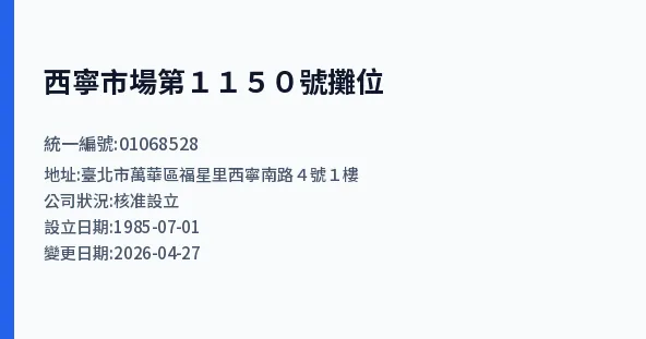 西寧市場第1150號攤位的照片-統編 01068528(臺北市) 公司登記資料與營業項目詳細圖表