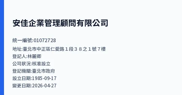 安佳企業管理顧問有限公司的照片-統編 01072728(臺北市) 公司登記資料與營業項目詳細圖表