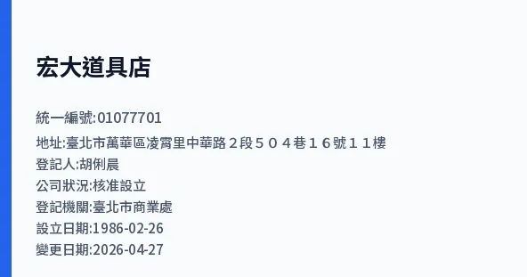 宏大道具店的照片-統編 01077701(臺北市) 公司登記資料與營業項目詳細圖表