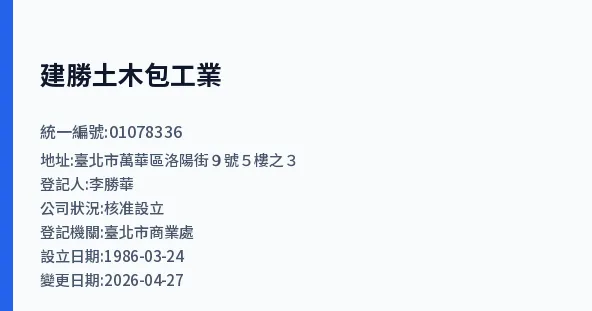 建勝土木包工業的照片-統編 01078336(臺北市) 公司登記資料與營業項目詳細圖表